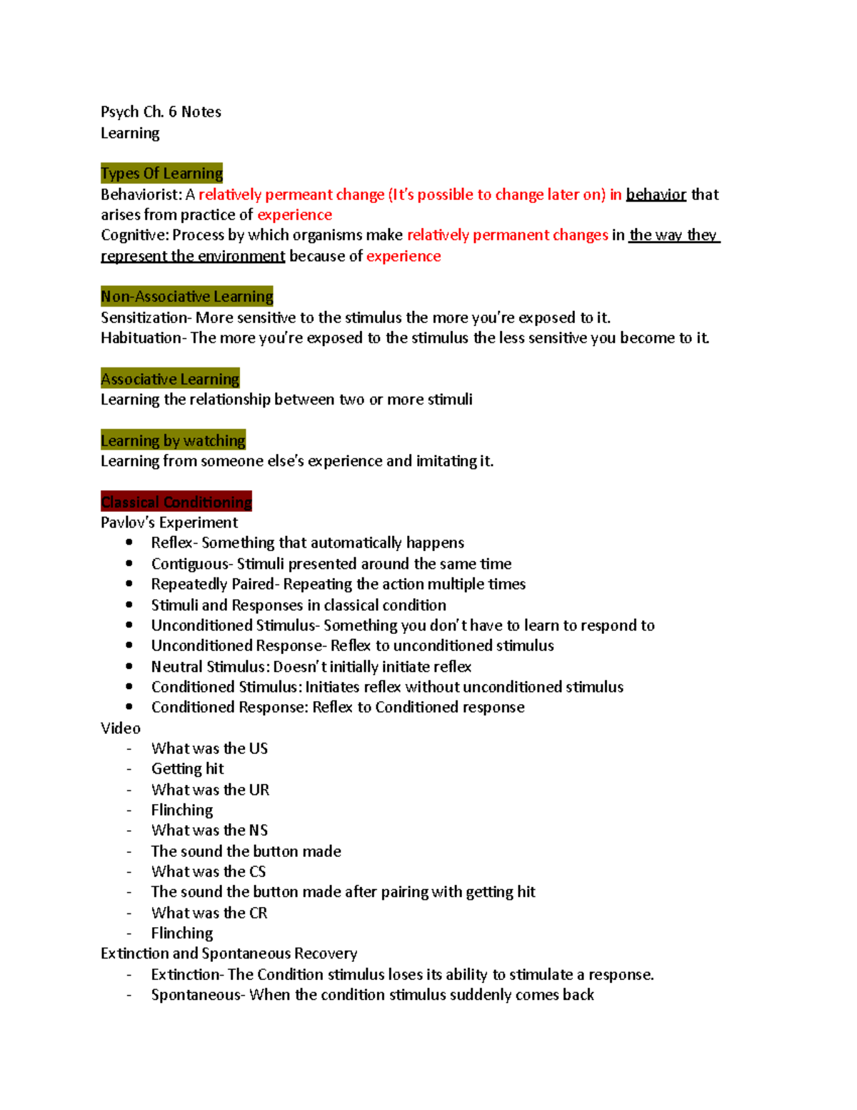 Psych Ch 6 Notes - Psych Ch. 6 Notes Learning Types Of Learning ...