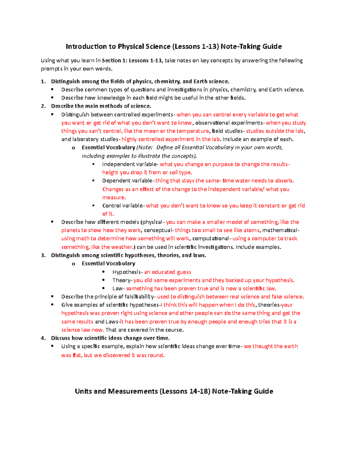 Section 1 introduction to physical science (lessons 1-13 ...