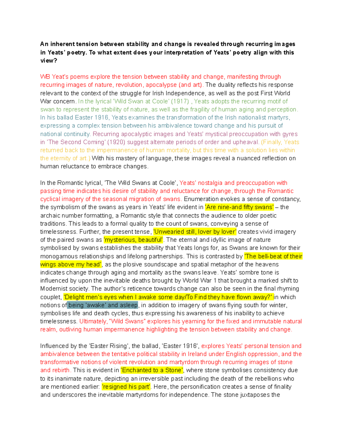 Yeats essay, paragraphs for 6 poems - An inherent tension between ...