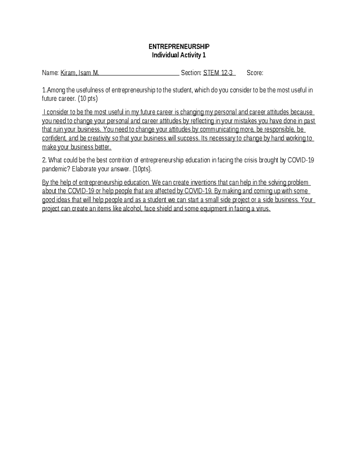 Entrep Individual Activity 1 - ENTREPRENEURSHIP Individual Activity 1 ...