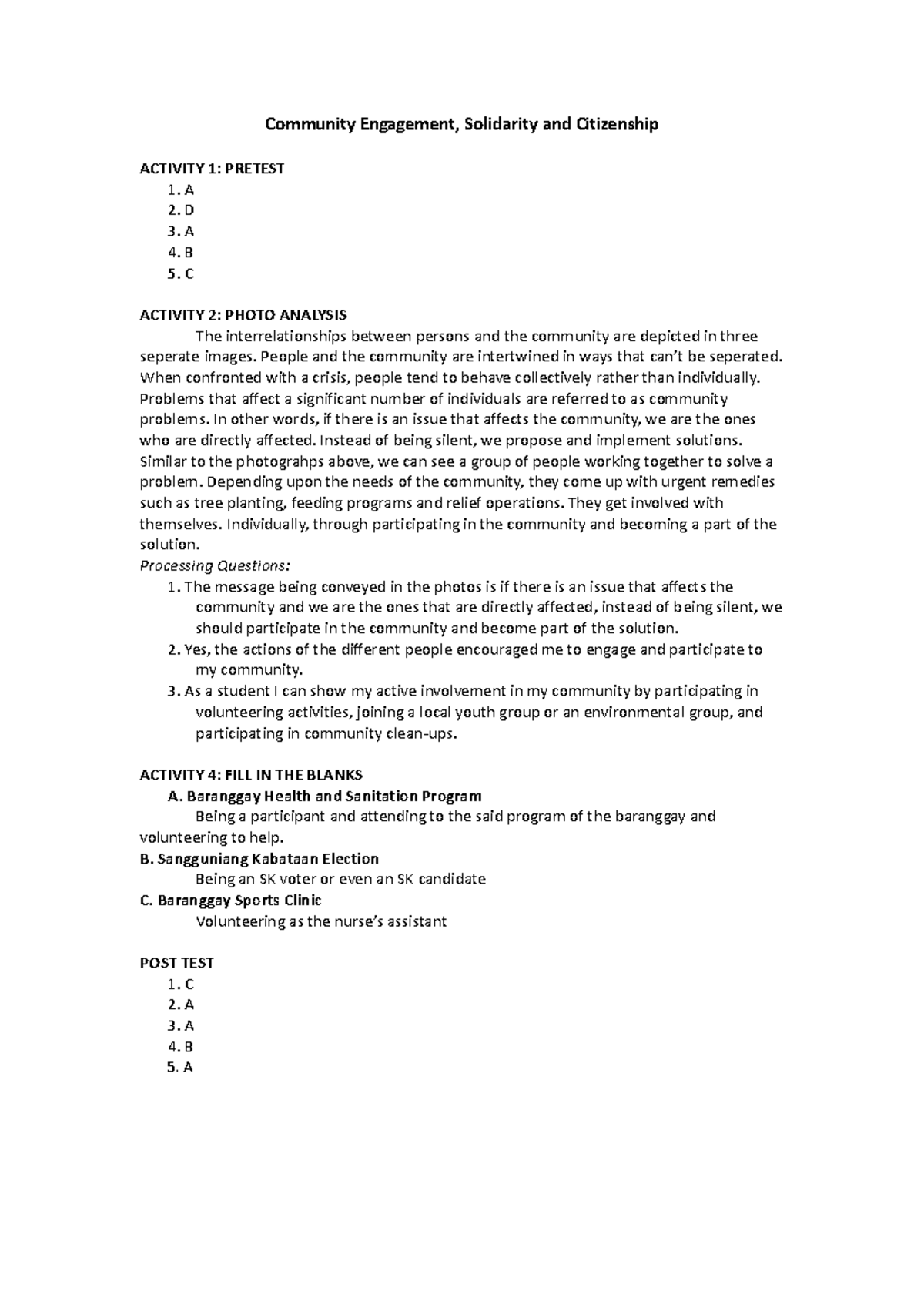 Personal Development - Assignment - Community Engagement, Solidarity ...