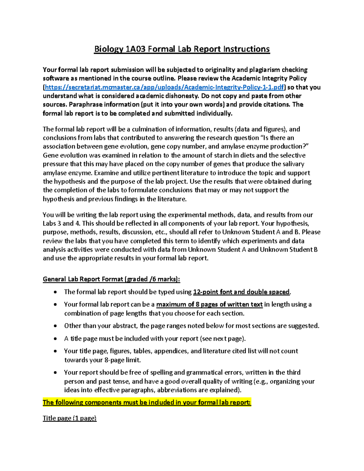Bio1A03 Formal Lab Report Instructions - Biology 1A03 Formal Lab Report ...