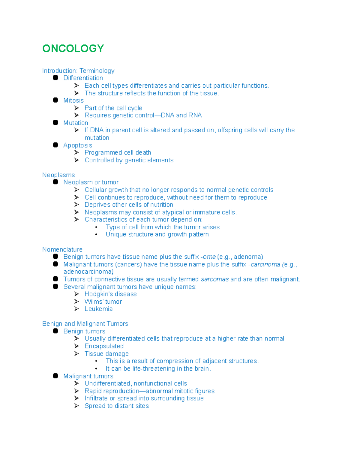 Oncology - lecture notes - ONCOLOGY Introduction: Terminology ...