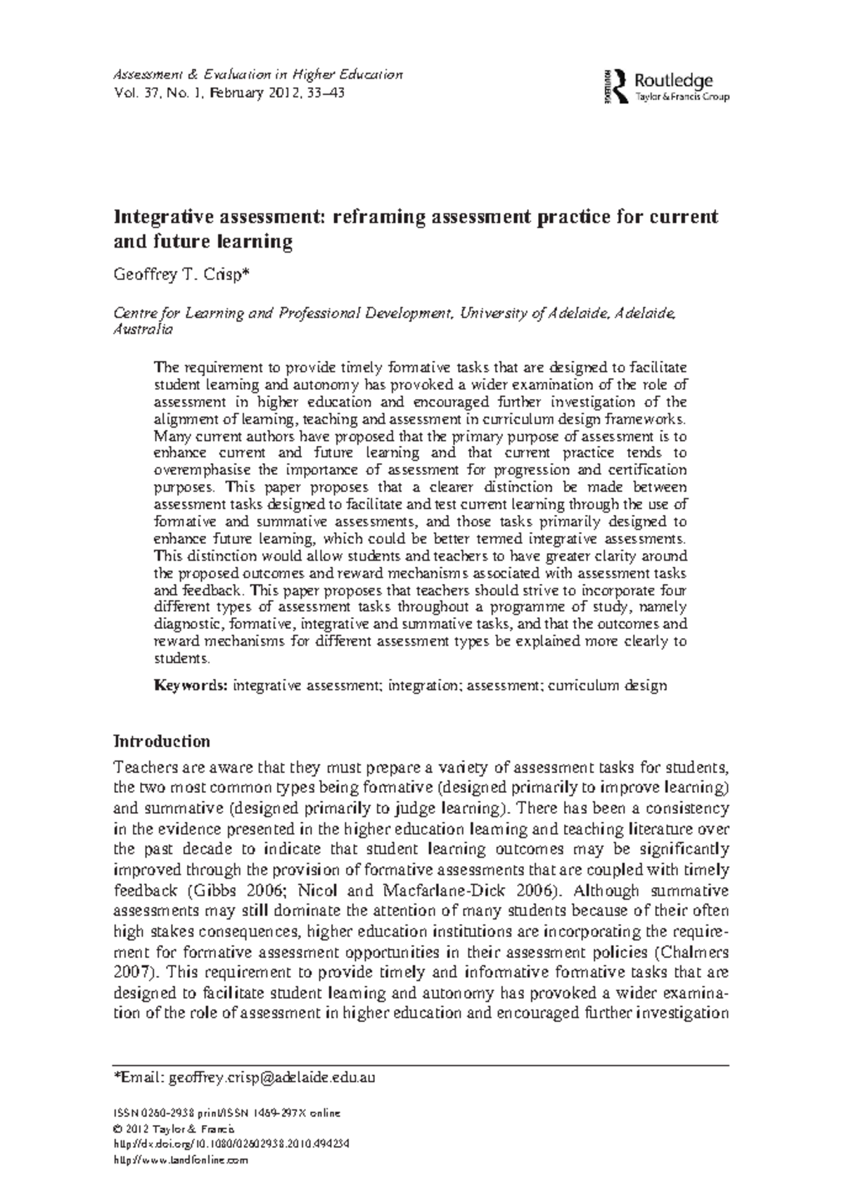 Integrative assessment - reframing assesment practice for current and ...