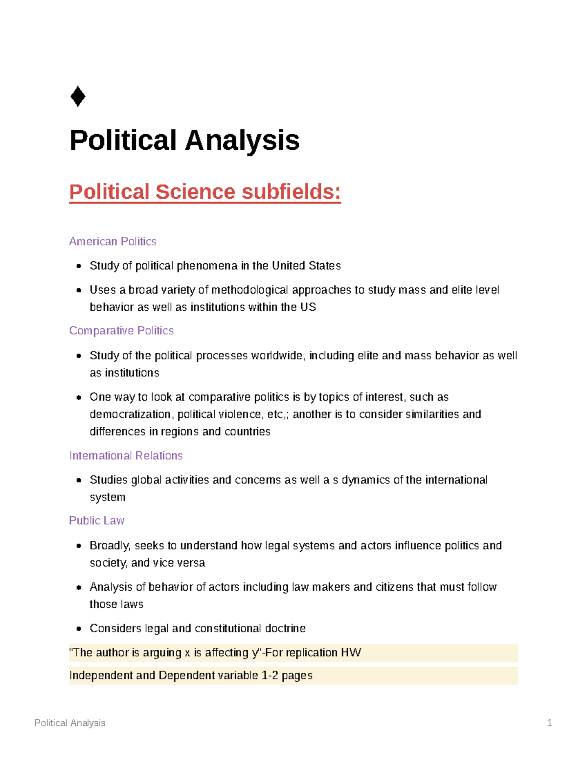 Political Analysis - Notes on lectures - Political Analysis 1 ♦ ...