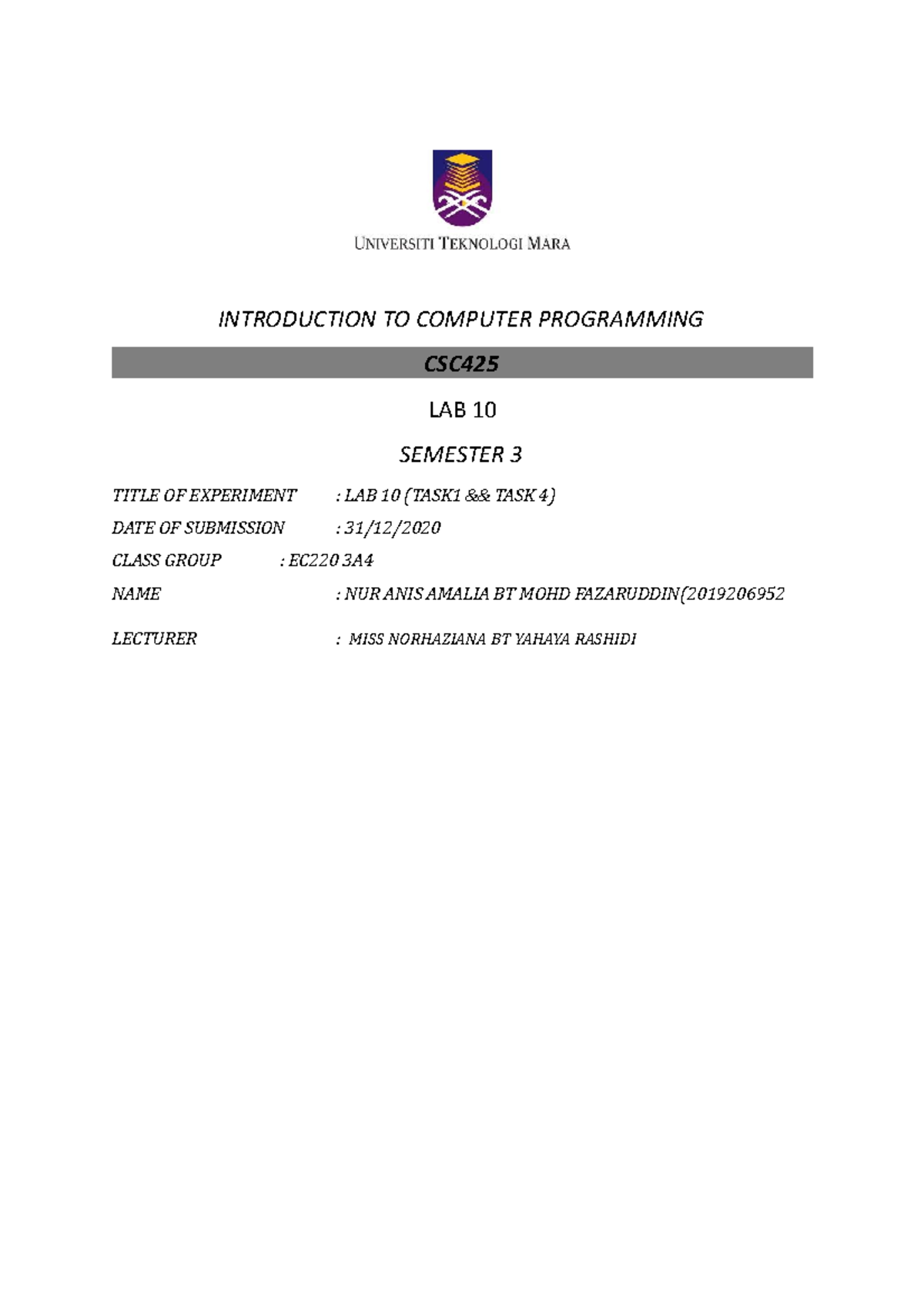 Introduction To Computer Programming Introduction To Computer Programming Csc Lab 10 Semester