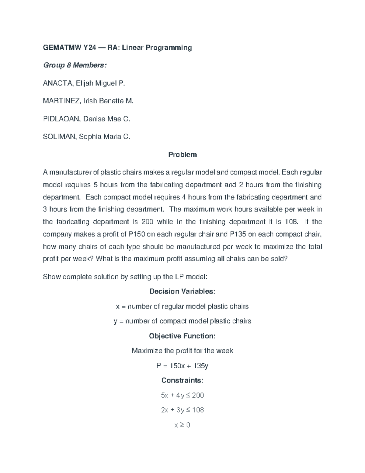 RA Linear Programming Group 8 - MARTINEZ, Irish Benette M. PIDLAOAN ...