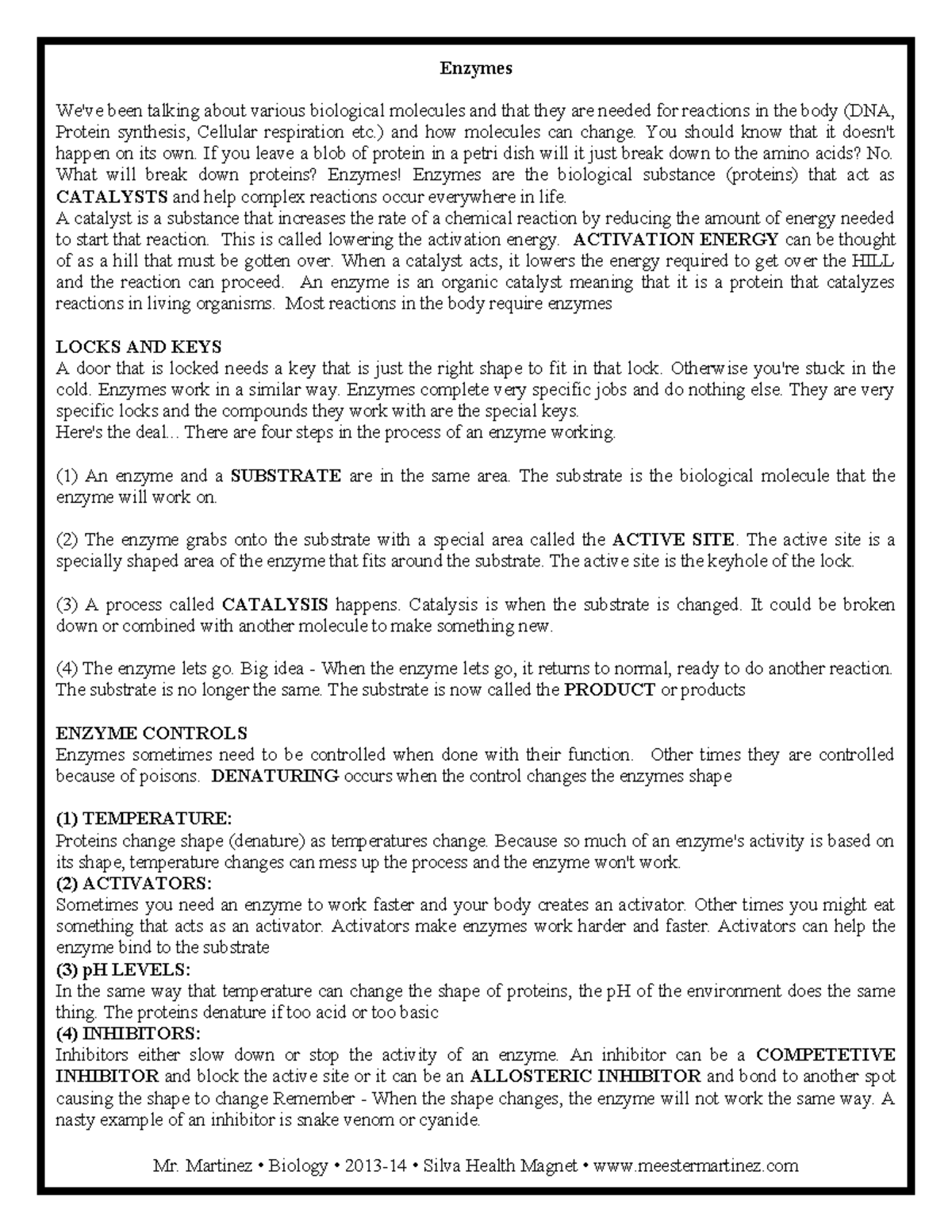 Enzyme worksheet 1 - Enzymes We've been talking about various ...