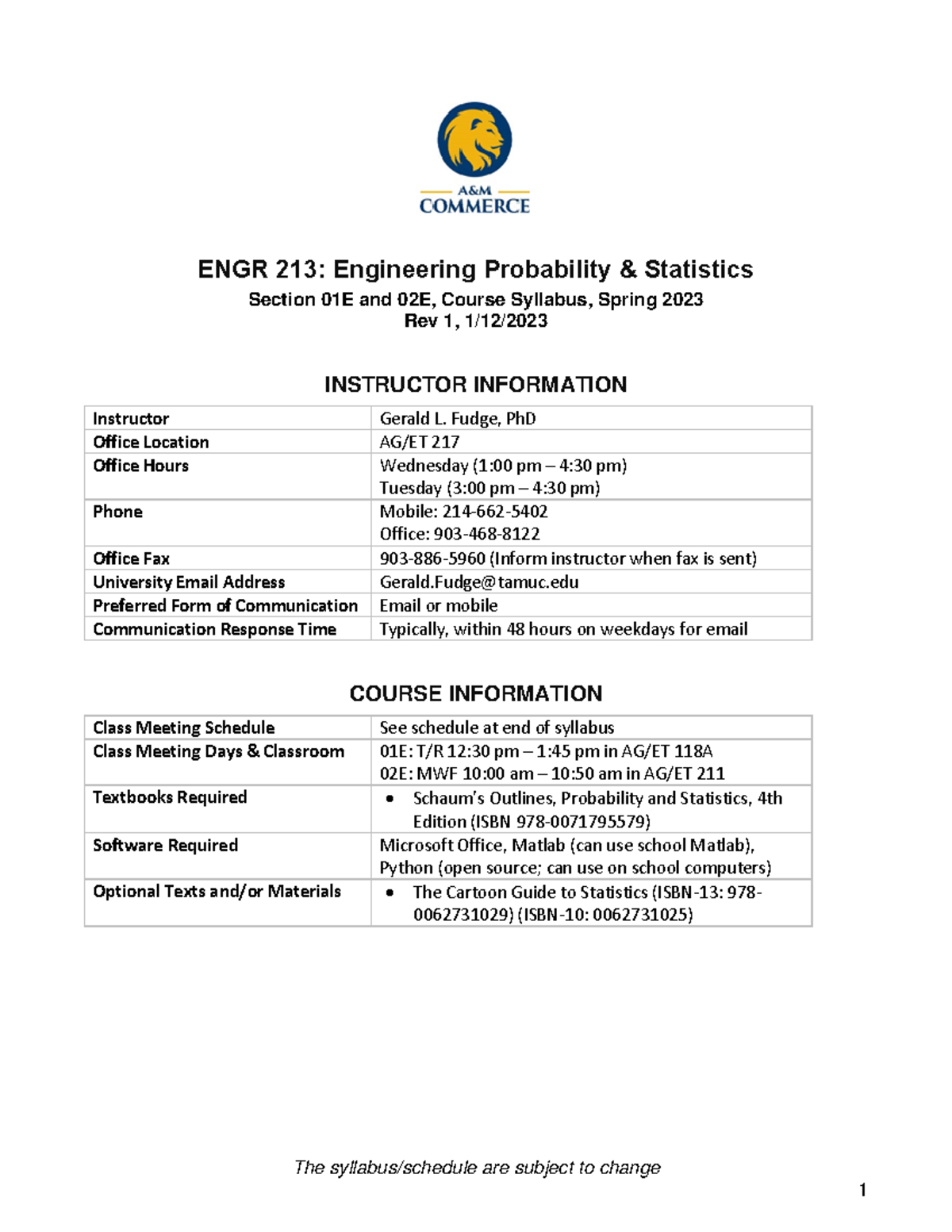 ENGR 213: Engineering Probability Statistics Section 01E and 02E Course Syllabus Spring - Studocu