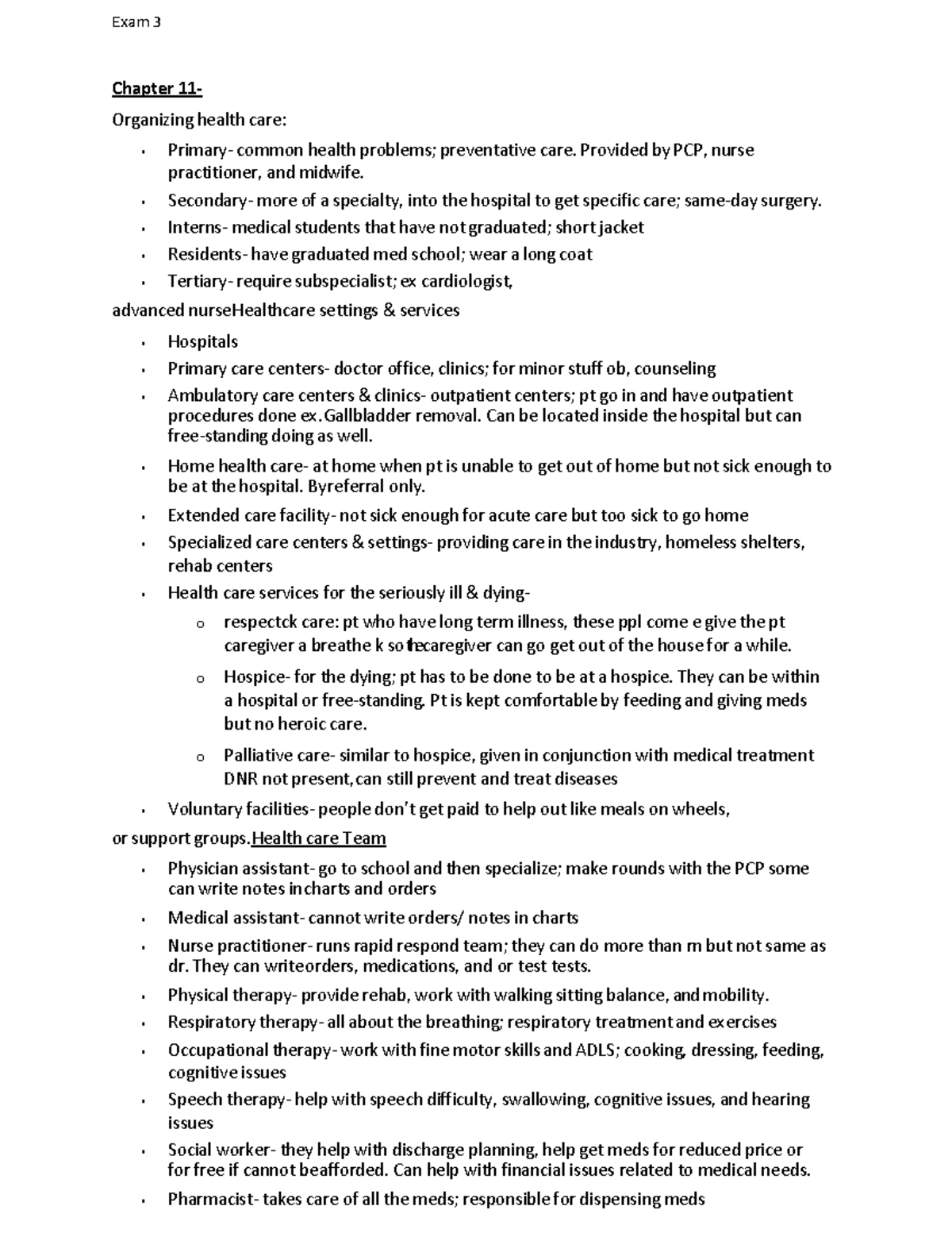 Exam 3 study guide - Chapter 11- Organizing health care: • Primary ...