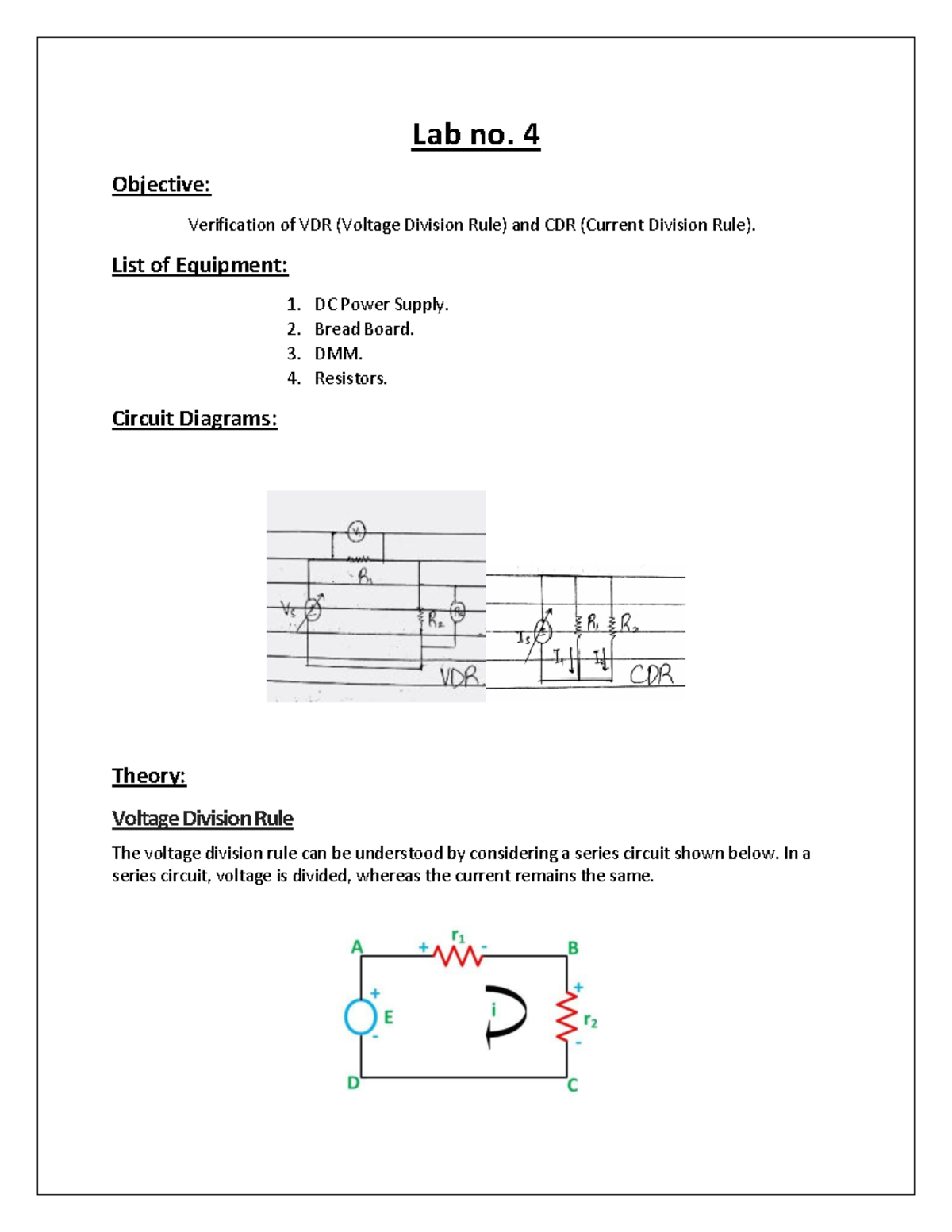 Lab 4 - Lab - Lab no. 4 Objective: Verification of VDR (Voltage ...