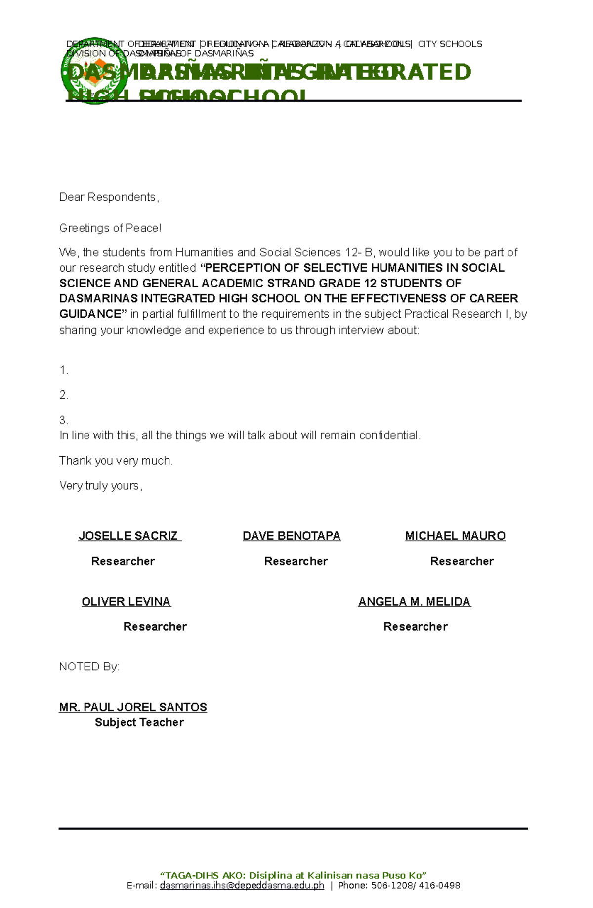 Letter with letterhead - Dear Respondents, Greetings of Peace! We, the ...