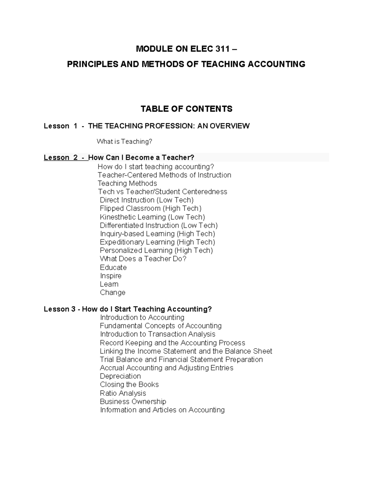 476264331 Module ON ELEC 311 Principles AND Methods OF Teaching ...