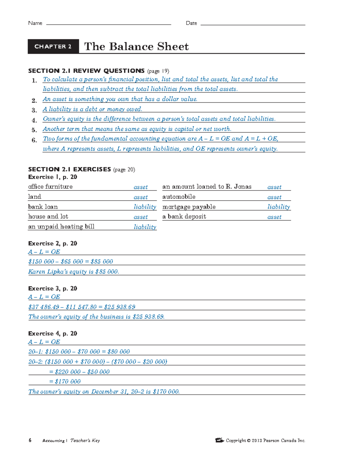 The Balance Sheet. Section 2.1 Exercises (page 20) Exercise 1, p. 20 ...