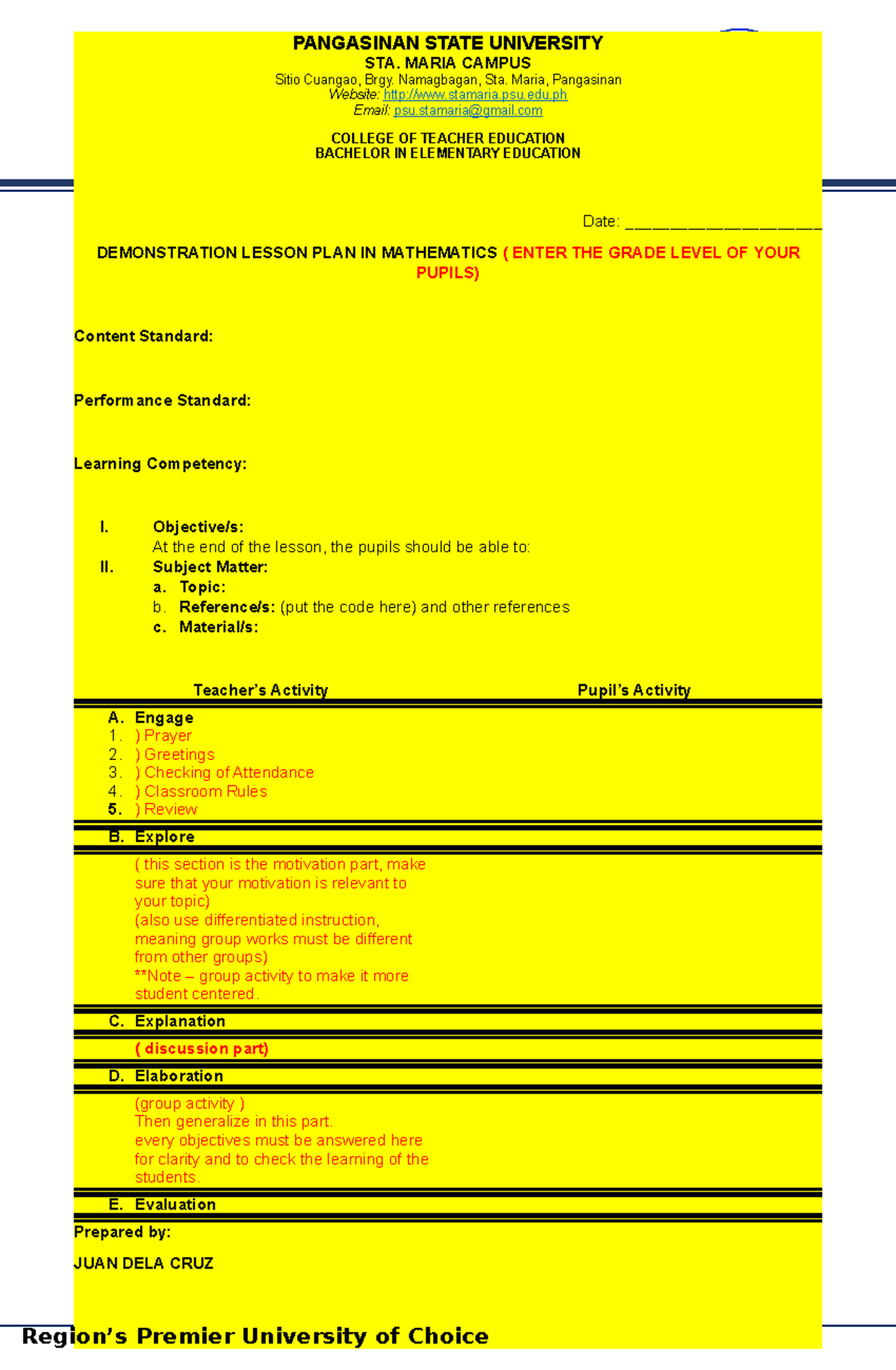 5E's sample LP in Math - PANGASINAN STATE UNIVERSITY STA. MARIA CAMPUS ...