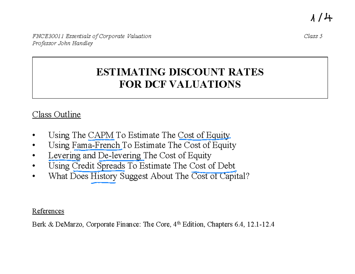 Class 5 Lecture Notes - FNCE30011 Essentials of Corporate Valuation ...