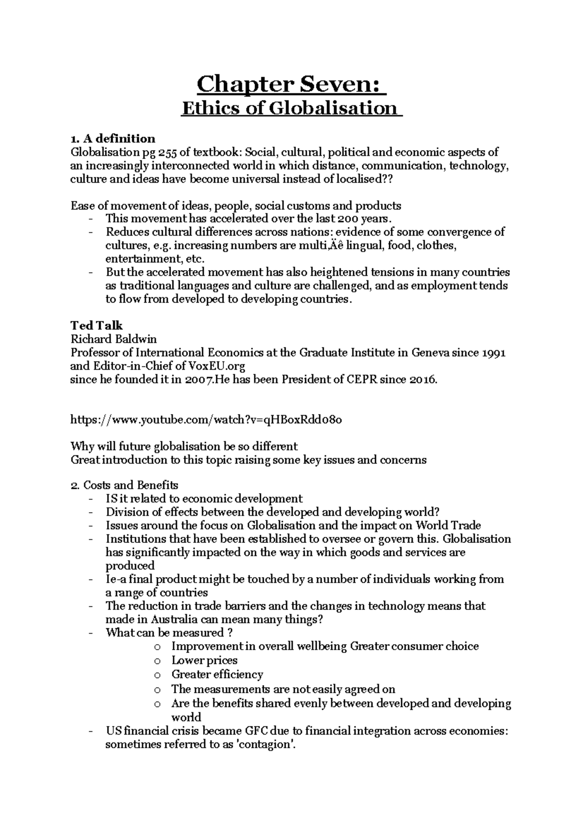 Chapter Six - MGNT101 - Chapter Seven: Ethics of Globalisation A ...