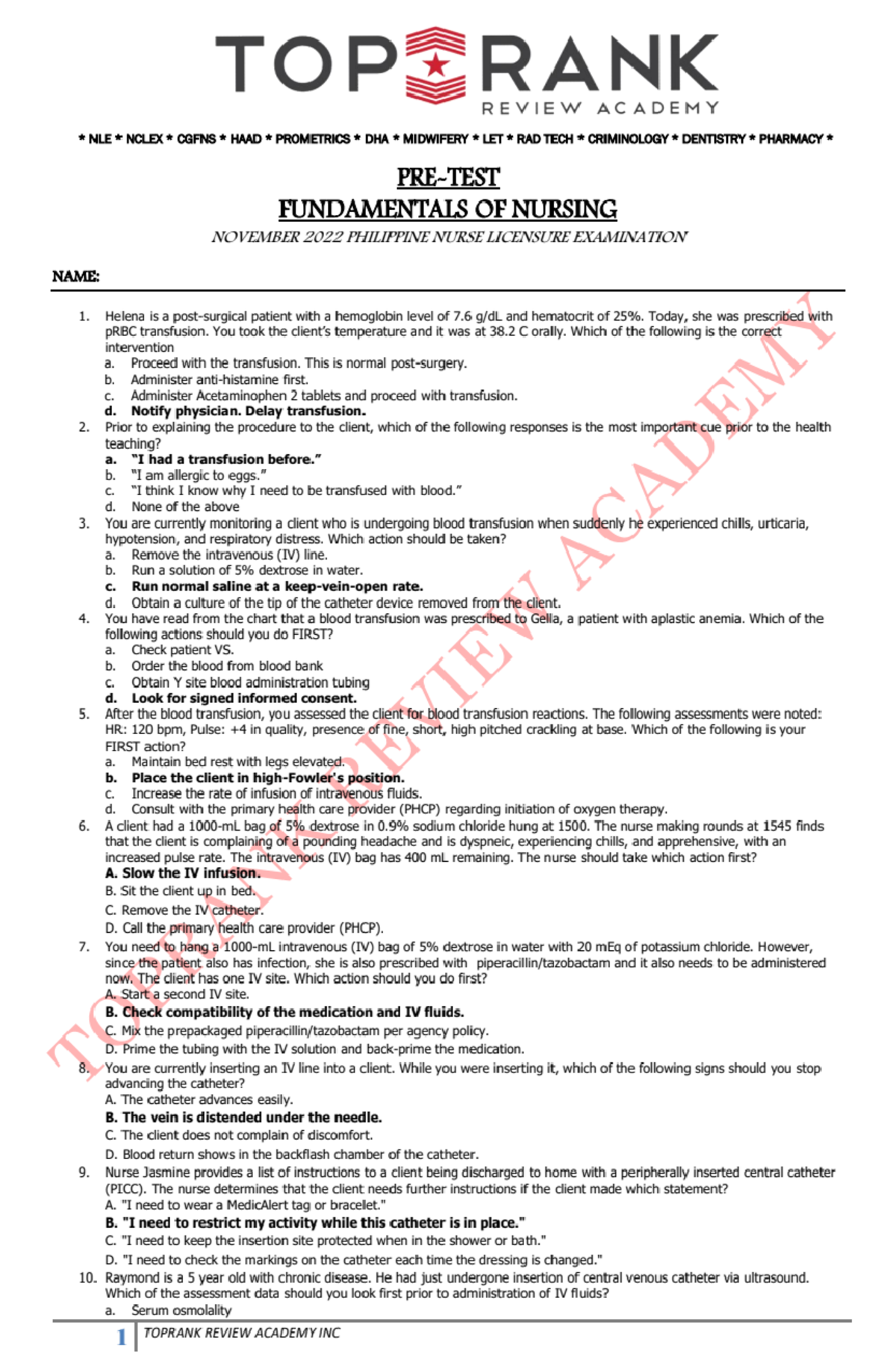 Pretest- Funda 1600 pdf - Nursing - Studocu