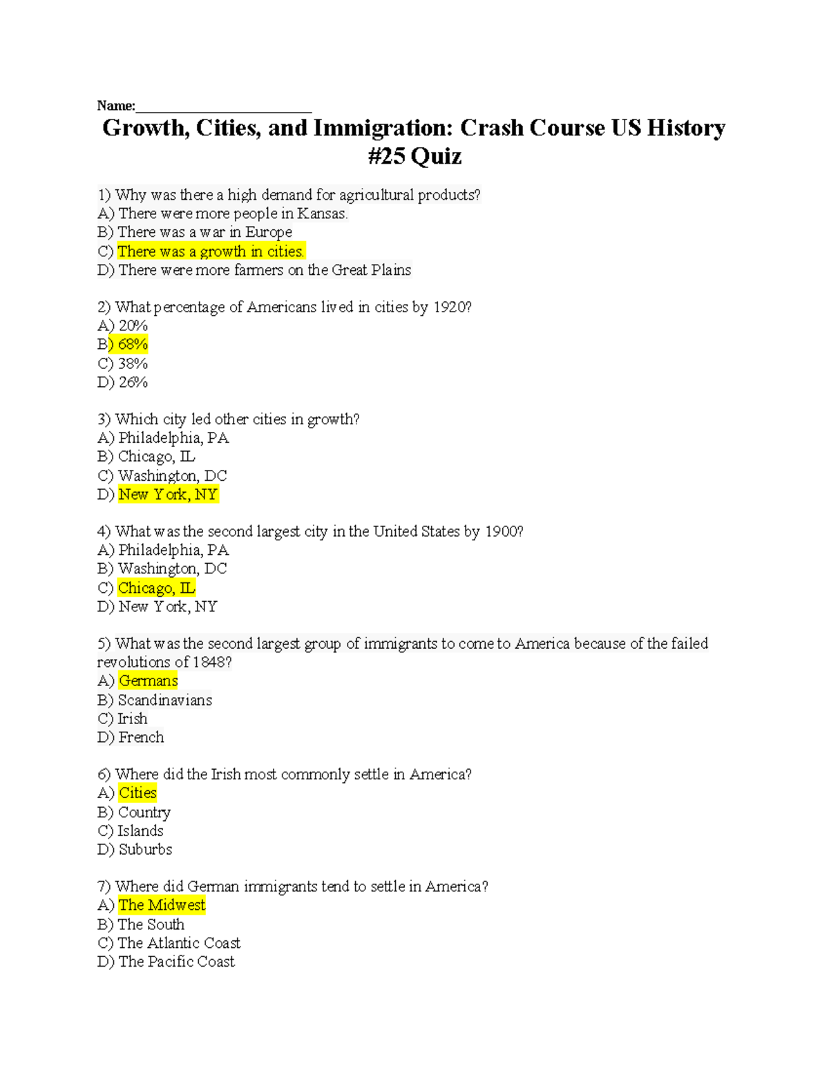 Growth Citiesand Immigration Crash Course USHistory 25Quiz - Name
