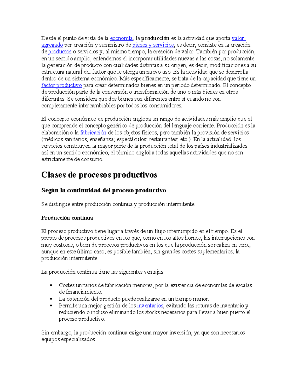 La produccion concepto - Desde el punto de vista de la economía, la ...