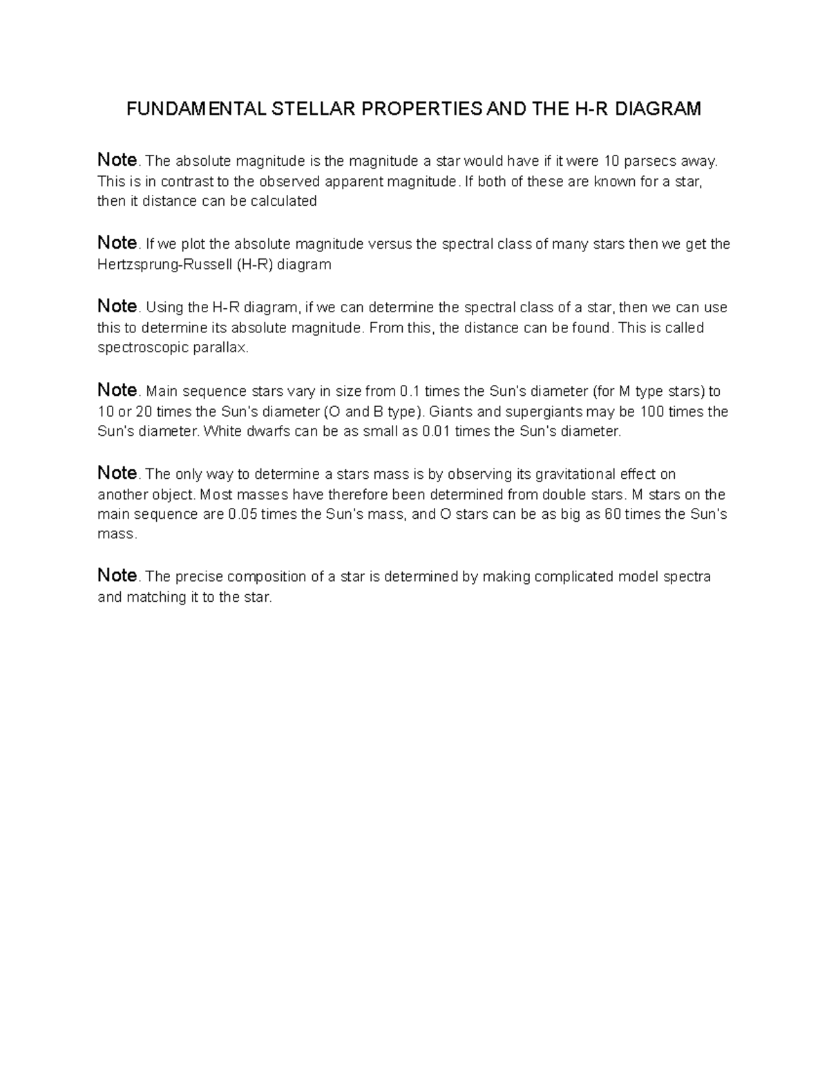 Astronomy Chapter 20 Notes Fundamental Stellar Properties and the H-R ...