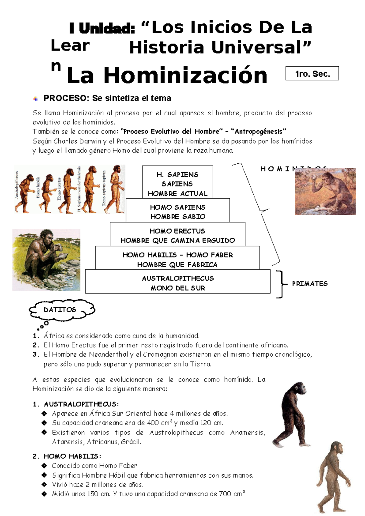 Negra - Clase 4 - LA Hominización 1º SEC. - 2024 - I Unidad: “Los ...