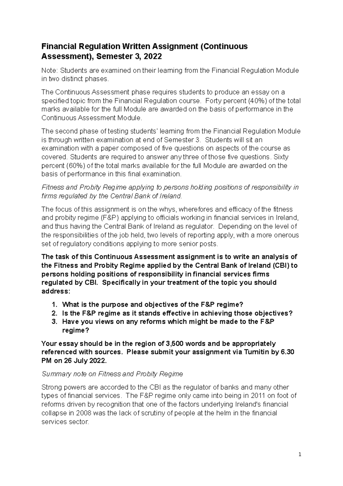 Fitness and probity Continuous Assessment Assignment June 2022 ...