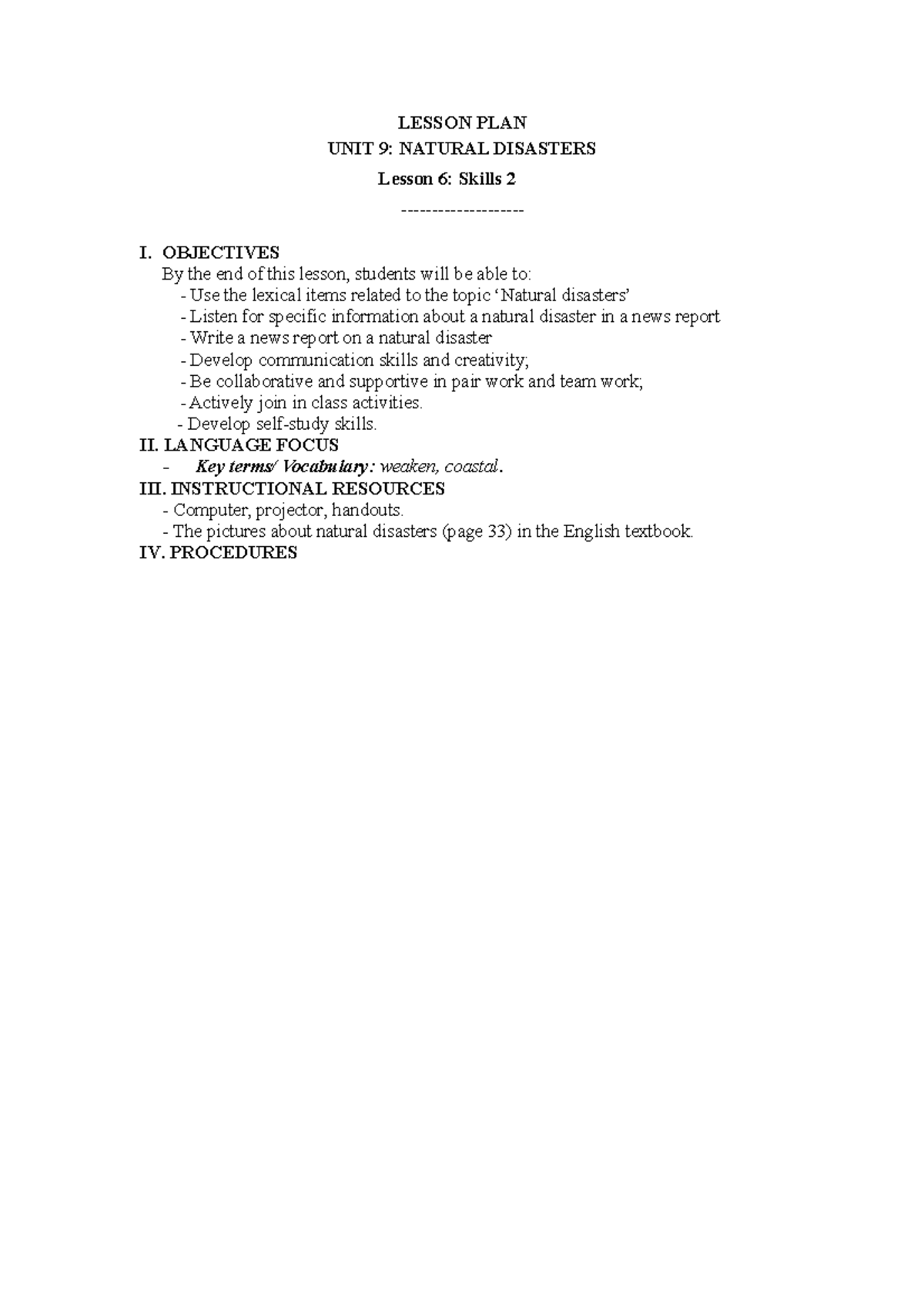 GIÁO ÁN MÔN TIẾNG ANH LỚP 8 - UNIT 9 - Skills 2 2023 - LESSON PLAN UNIT 9: NATURAL DISASTERS ...