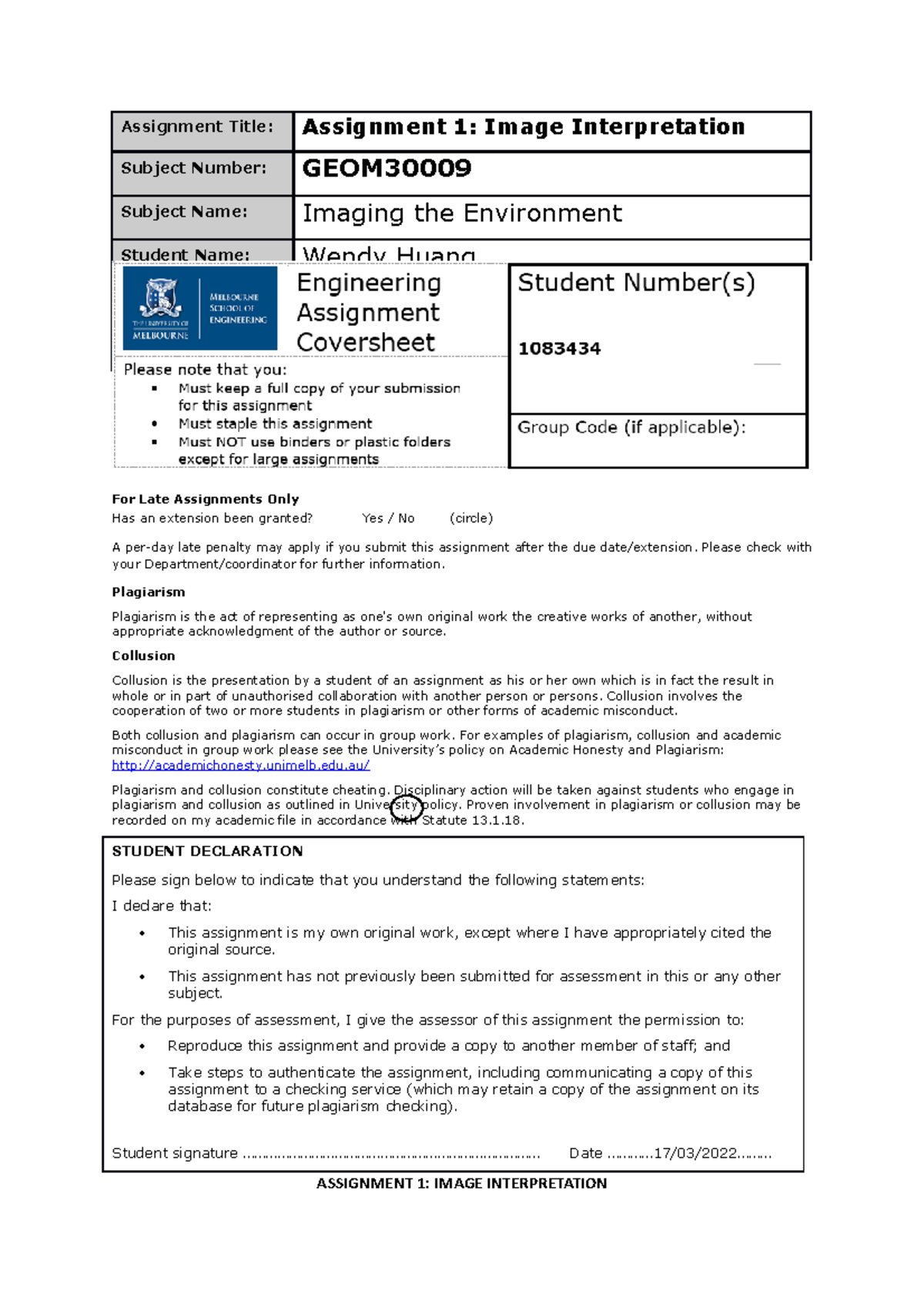 GEOM30009 Imaging the Environment Assignment 1 - Assignment Title: Assignment 1: Image - Studocu
