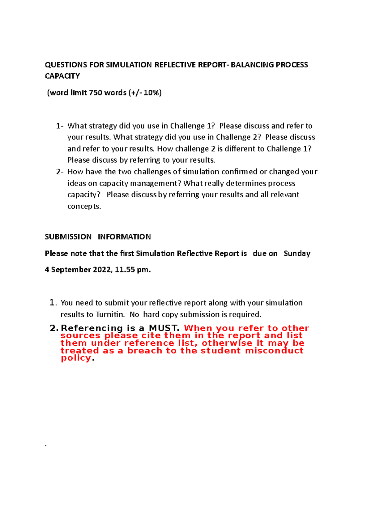 2022 Spring Managing Operations Reflective Report Question for Balancing Process Capacity ...