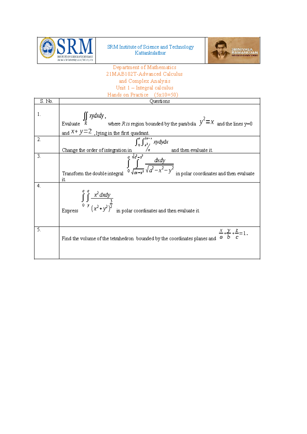 21MAB102T Hands on practice - SRM Institute of Science and Technology ...
