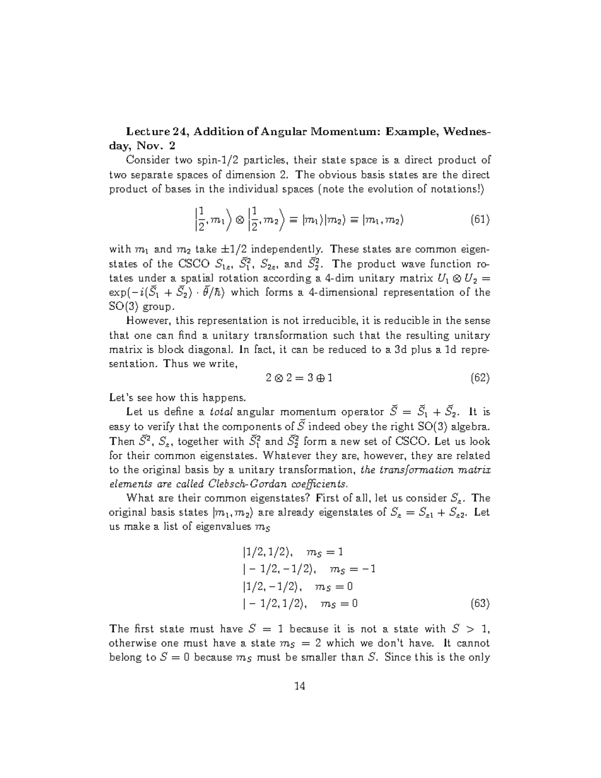 QM-lecture 24 - PHYS 622 QM Lecture 24 - Lecture 24, Addition of ...