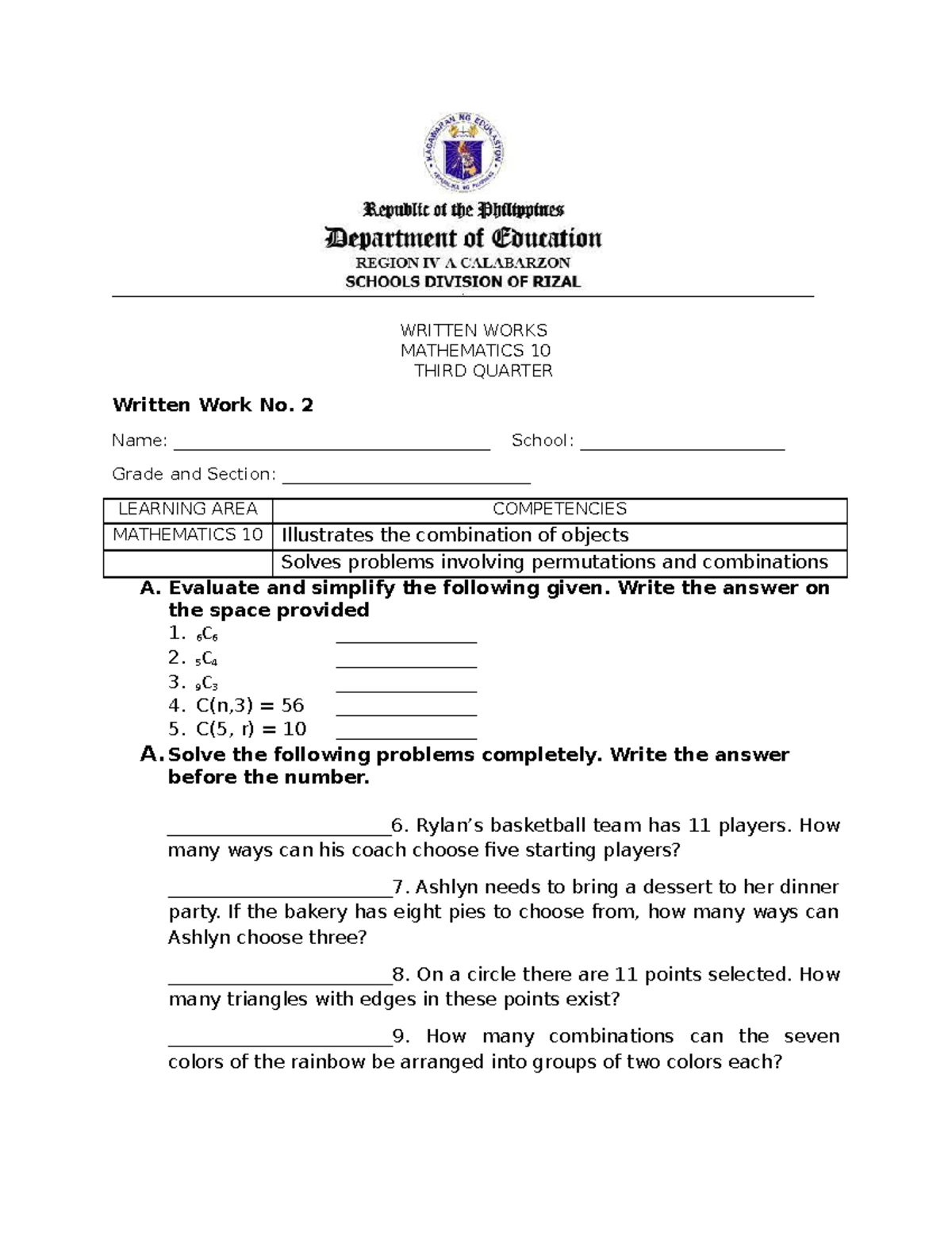Written- Works-2 Quarter-3-MATH10 - WRITTEN WORKS MATHEMATICS 10 THIRD ...