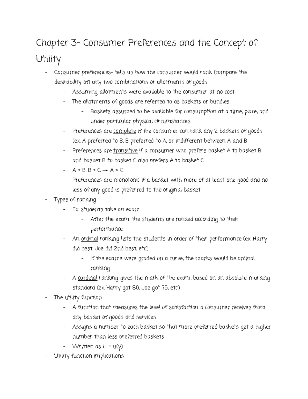 Econ360 chapter 3 - Chapter 3- Consumer Preferences and the Concept of Utility Consumer ...