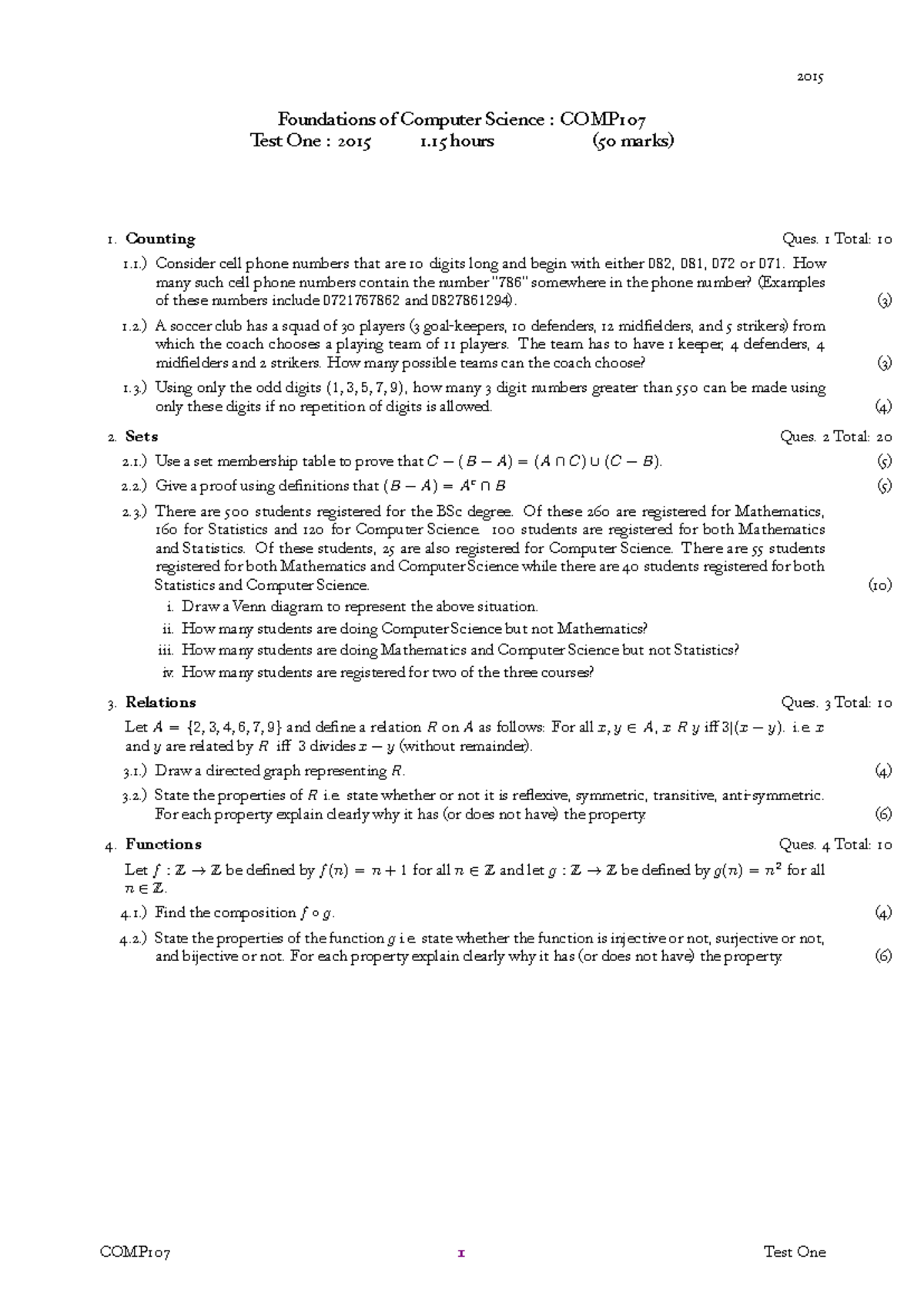 Test One - practice test 1 - 2015 Foundations of Computer Science ...