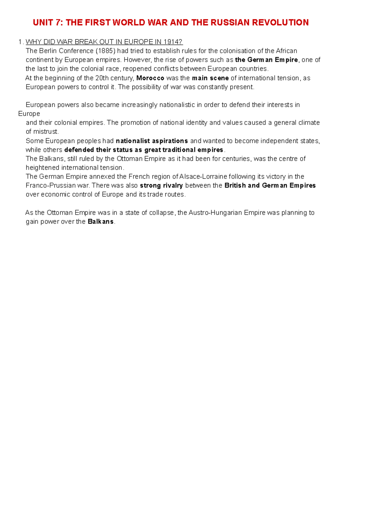 UNIT 7 THE First World WAR AND THE Russian Revolution - UNIT 7: THE ...