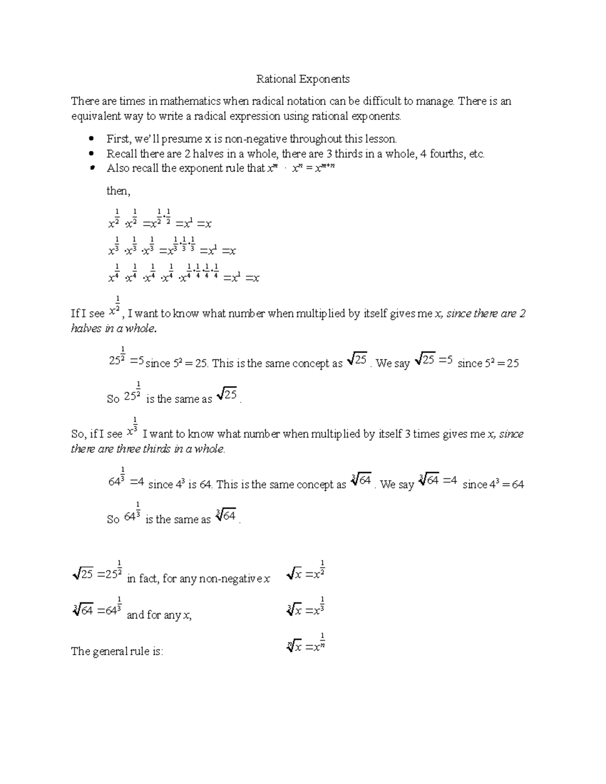 Rational Exponents - Rational Exponents There are times in mathematics ...