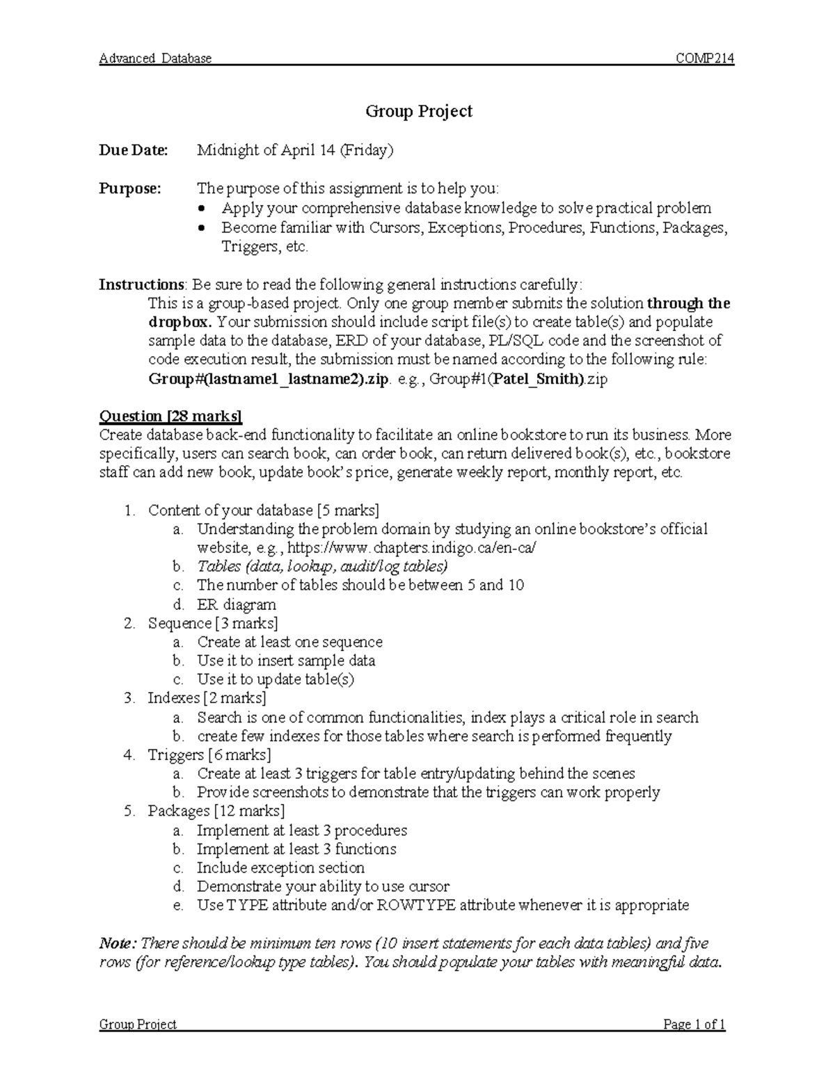 Group Project-Online Bookstore - Advanced Database COMP 214 Group Project Page 1 of 1 Group ...