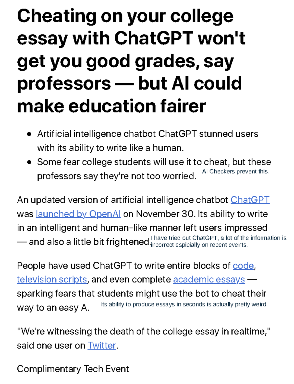 Cheating on your college essay with Chat GPT won't get you good grades ...