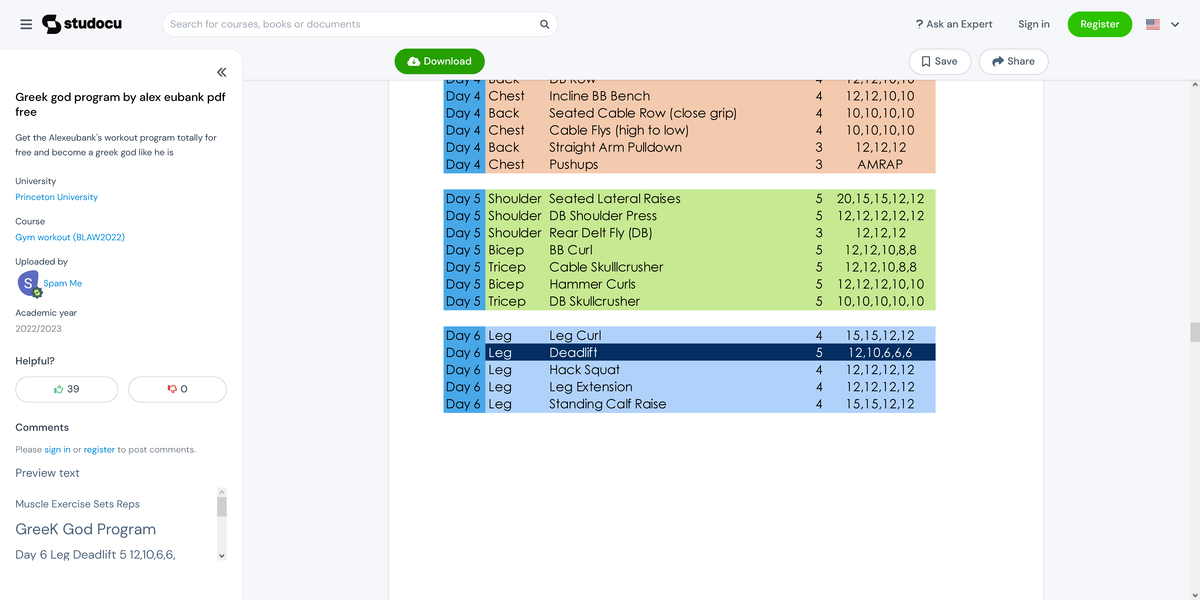 Greek god program by alex eubank pdf free - Muscle Exercise Sets Reps Gree K God Program Day 6 ...