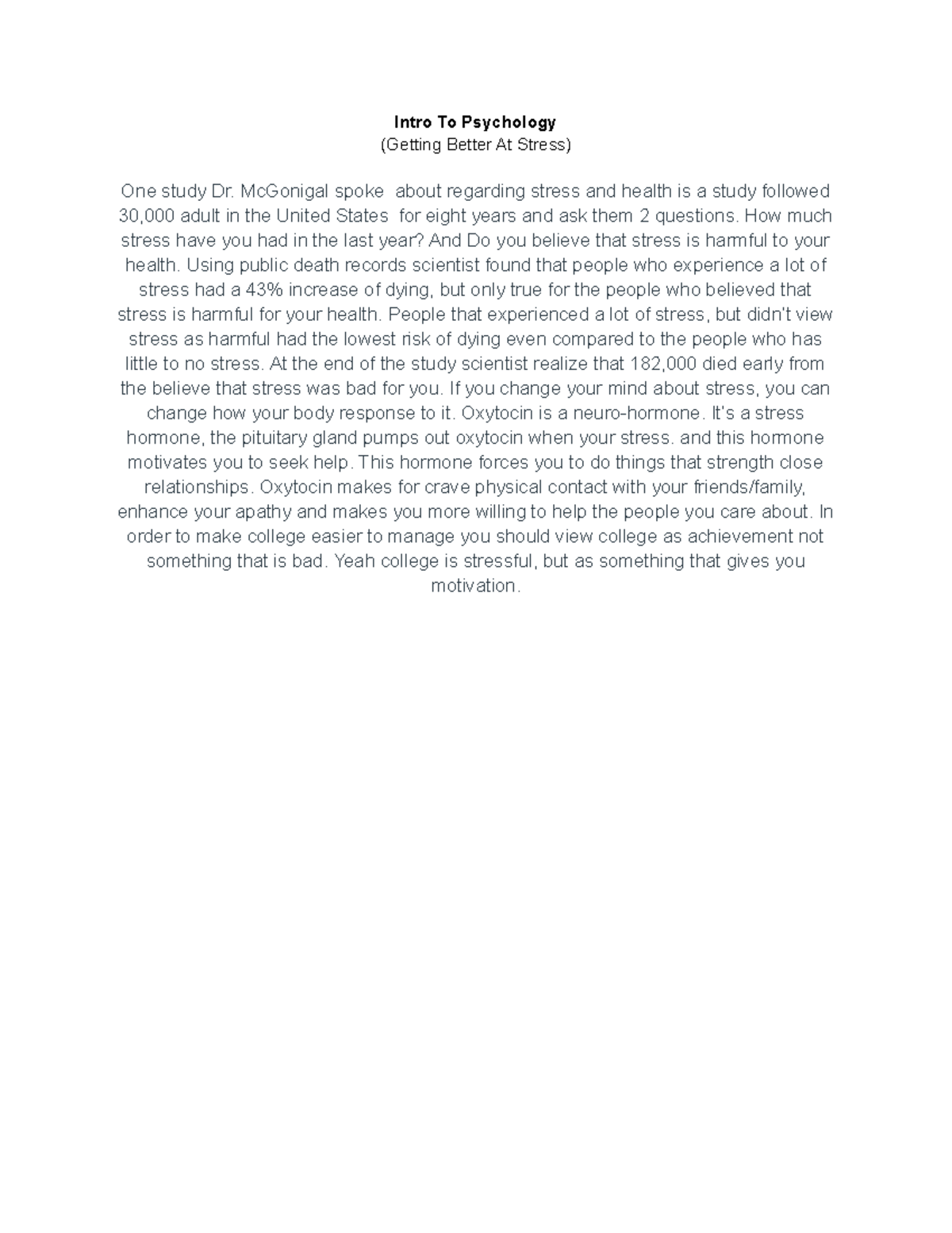 Intro To Psychology - How well stress is dealt with in college - Intro ...