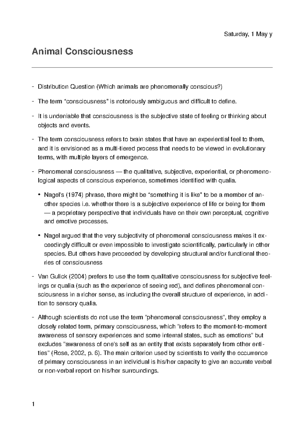 Animal consiousness notes - Friday, 30 August y Animal Consciousness ...