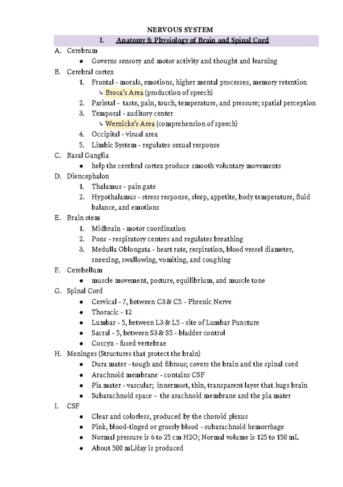 Neurologic System - NERVOUS SYSTEM I. Anatomy & Physiology of Brain and Spinal Cord A. Cerebrum ...