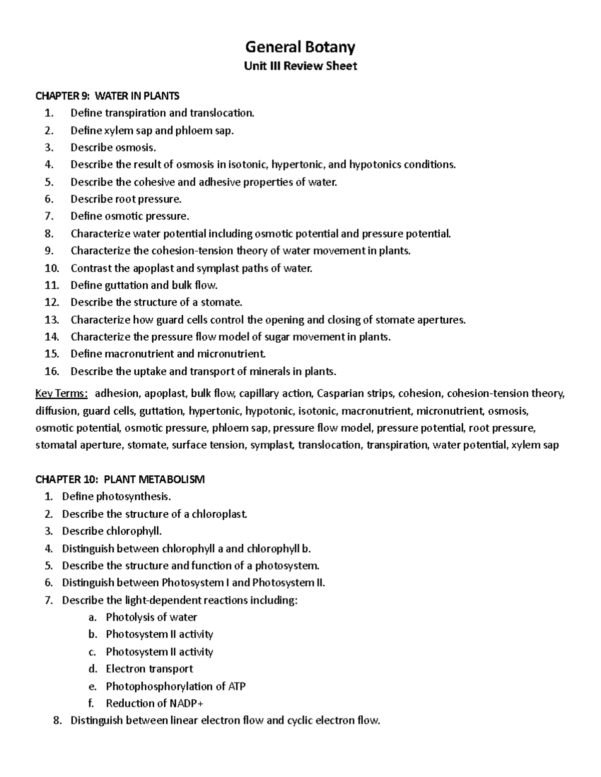 General Botany Unit III Review - General Botany Unit III Review Sheet ...
