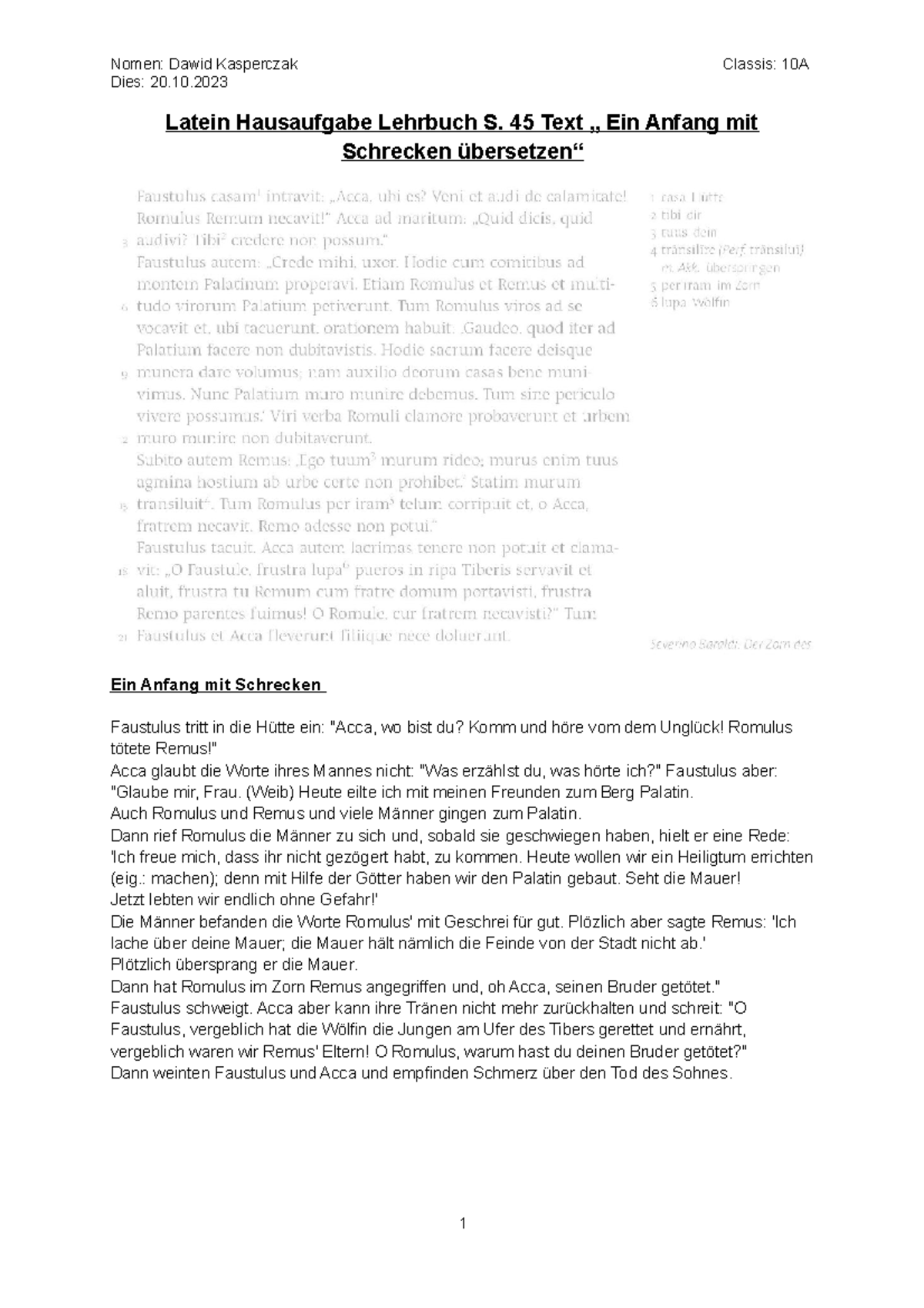 Latein Hausaufgabe Lehrbuch S. 45 Text „ Ein Anfang mit Schrecken ...