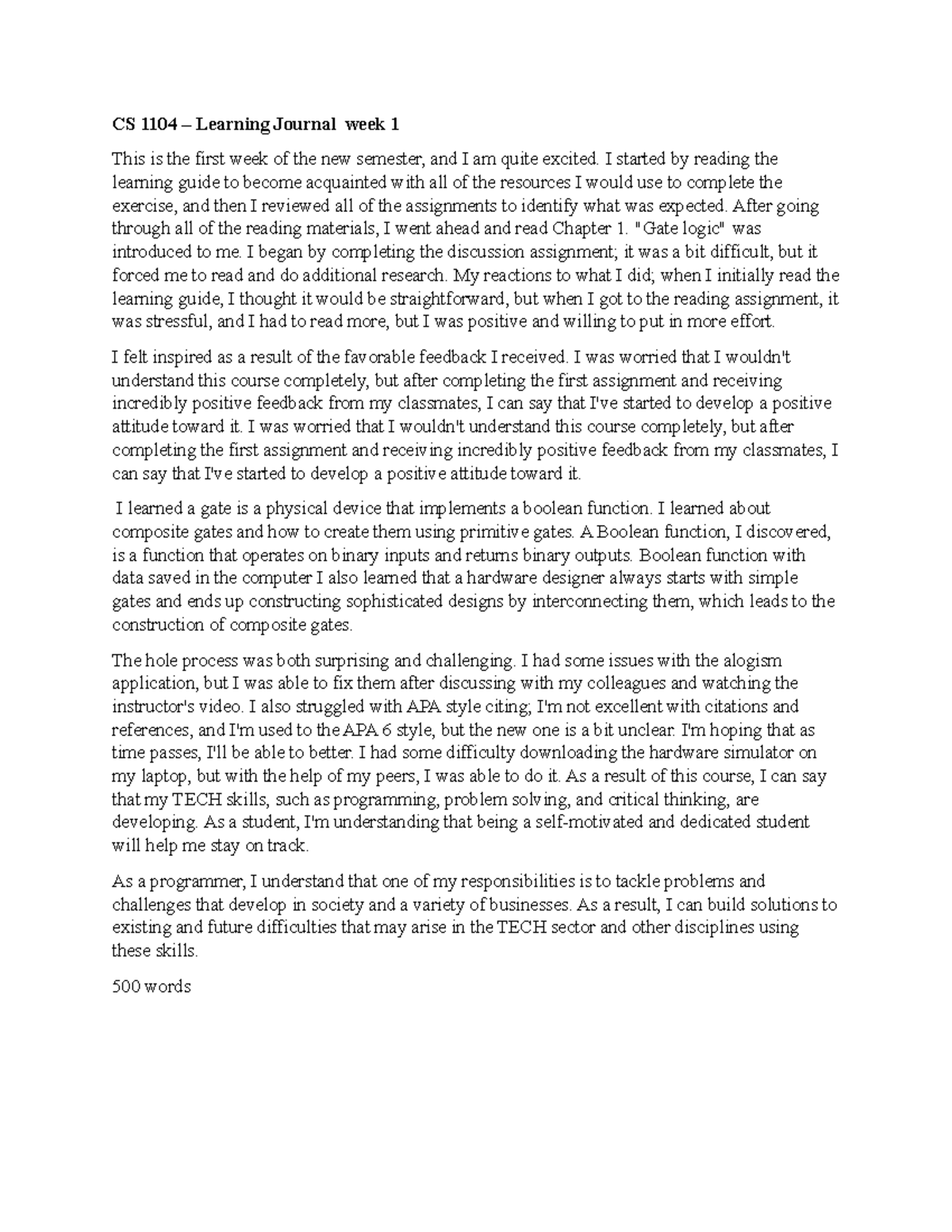 CS 1104 Learning Journal - CS 1104 – Learning Journal week 1 This is ...