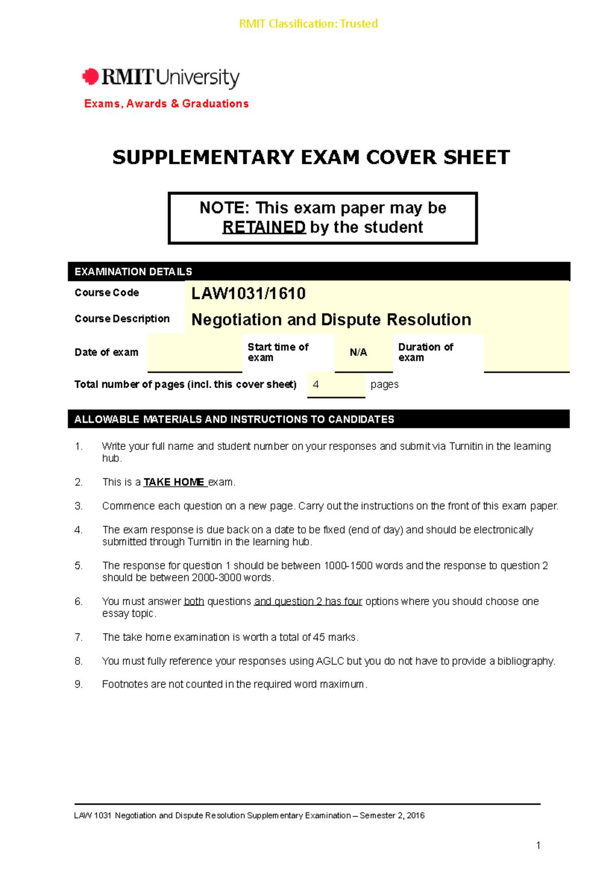Previous Exam LAW1031 For students-1 - RMIT Classification: Trusted ...