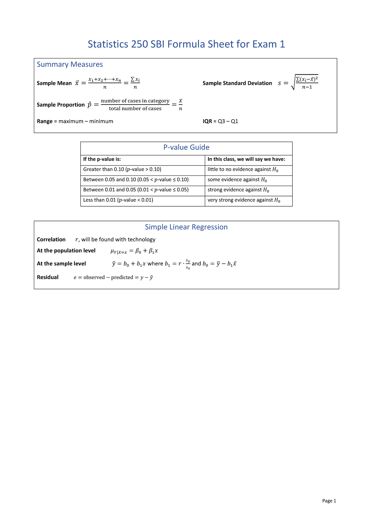 1a Exam 1 Formula Sheet - Stats 250 - F22 - Page 1 Statistics 250 SBI ...