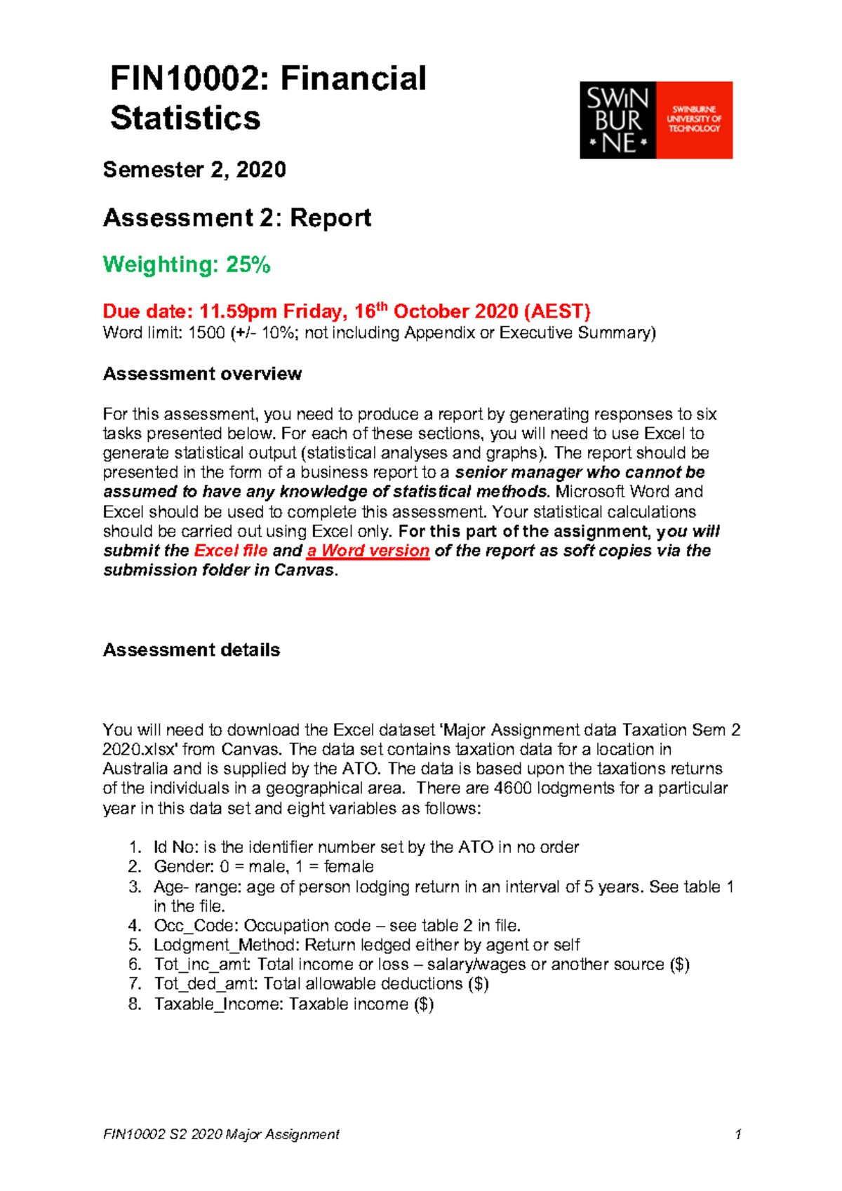 FIN10002 Sem 2 2020 Major assignment - FIN10002: Financial Statistics ...
