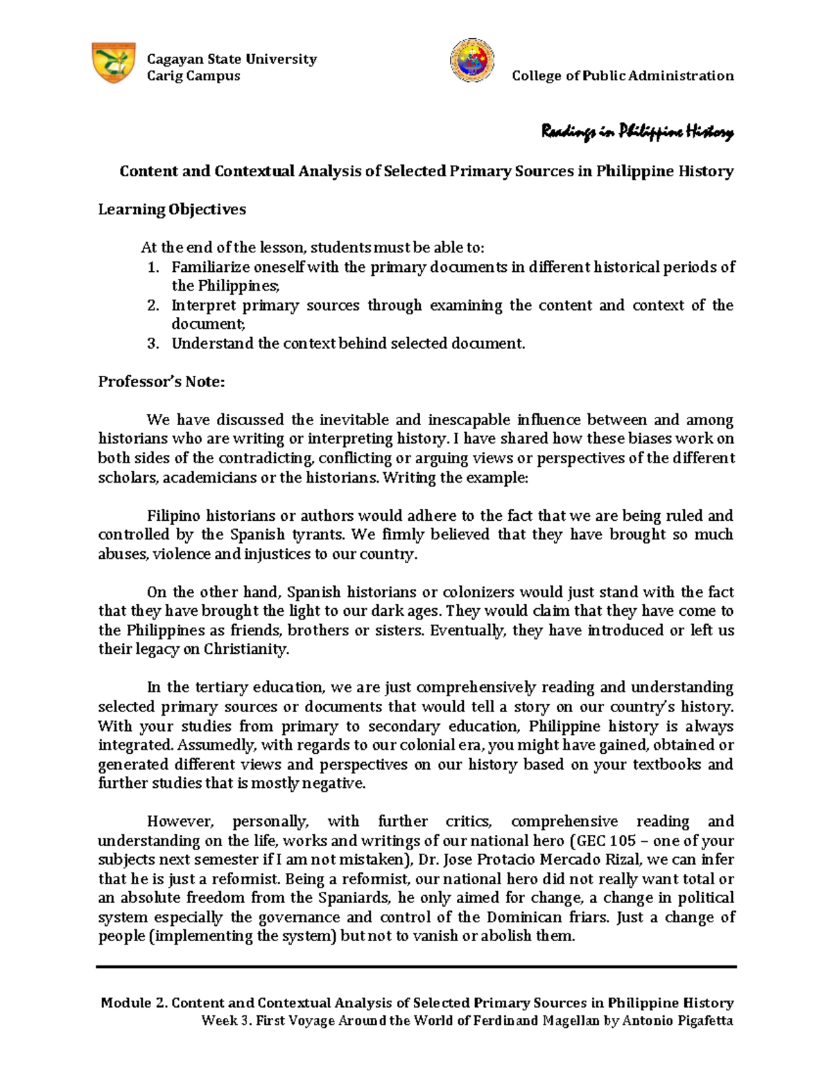 Lesson 4 Contextual Analysis of Antonio Pigafetta's Chronicle - Cagayan ...